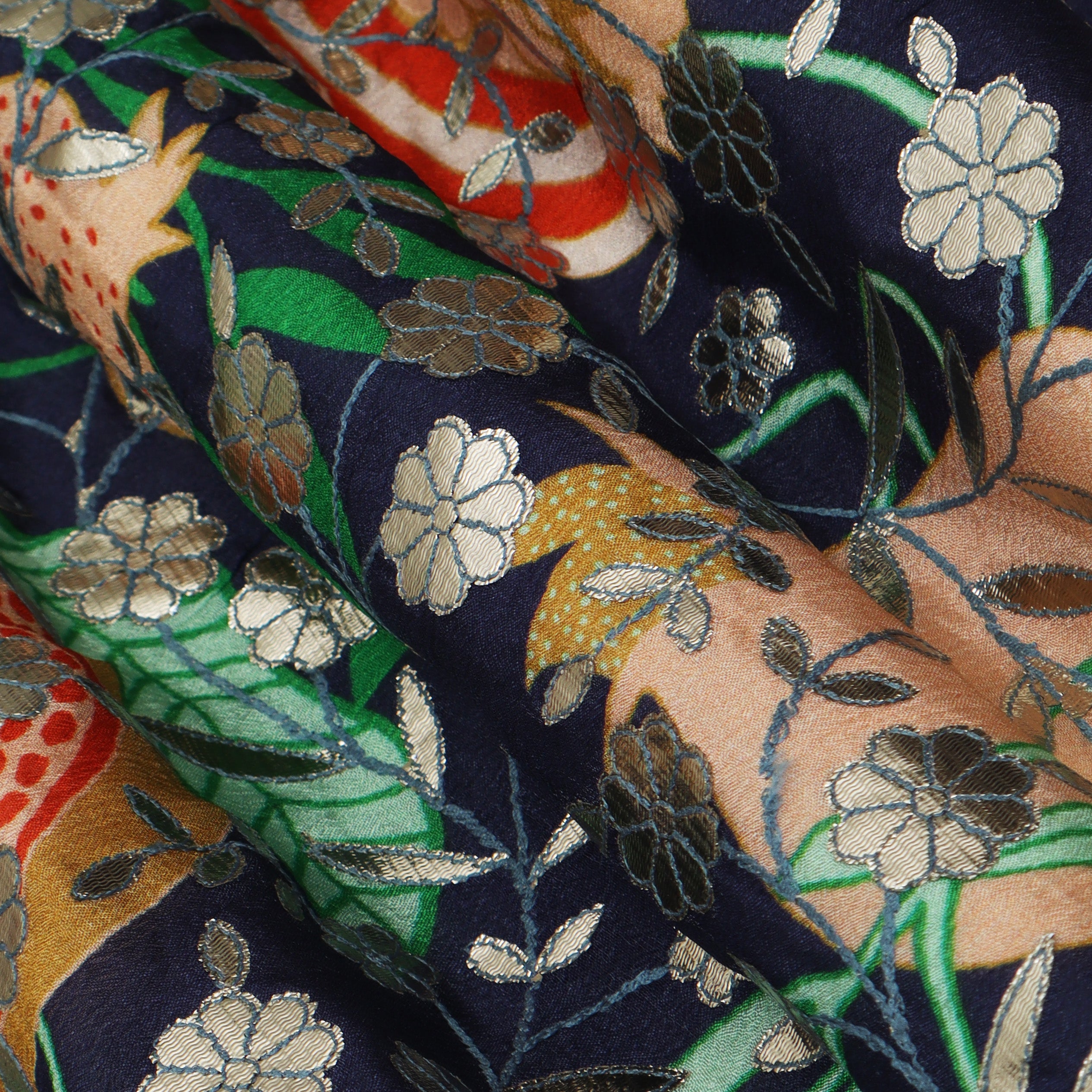 Navy Blue Color Chinon Hydra Print Gota Work Fabric – KC Creations